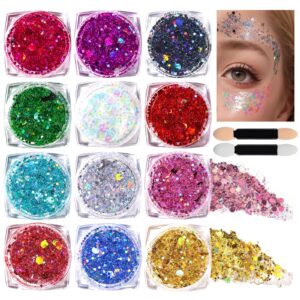 teenitor body glitter face glitter makeup festival glitter gel, 12 colors face and body glitter gel, hair glitter gel, glitter gel makeup, glitter for face and hair