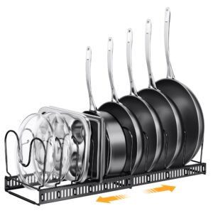 panpanpal expandable pans and pots lid organizer rack for cabinet - rubber-dipped pan organizer rack for kitchen cabinet organizers and storage with 10 adjustable dividers and anti-scratch strip