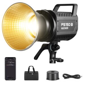 neewer fs150b led video light 2.4g/app control,130w bi color cob silent photography continuous output lighting with 4 types precise dimming, 72000lux/1m, 2700k-6500k, cri 97+,12 effects, bowens mount