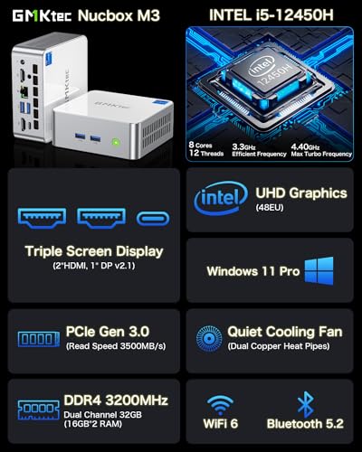 GMKtec Mini PC Intel i5-12450H(Turbo 4.4 GHz) 32GB DDR4 1TB M.2 NVMe SSD, Windows 11 Pro Mini Computers, USB 3.2, Type-C/WiFi 6, BT5.2, RJ45 2.5G/ 4K Triple Display Desktop PC