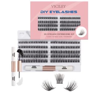 diy lash extension kit 120 pcs individual lashes with lash bond and seal applicator eyelash extension kit wide stem cluster lashes reusable cluster eyelash extensions 10-16mm c d curl - v28