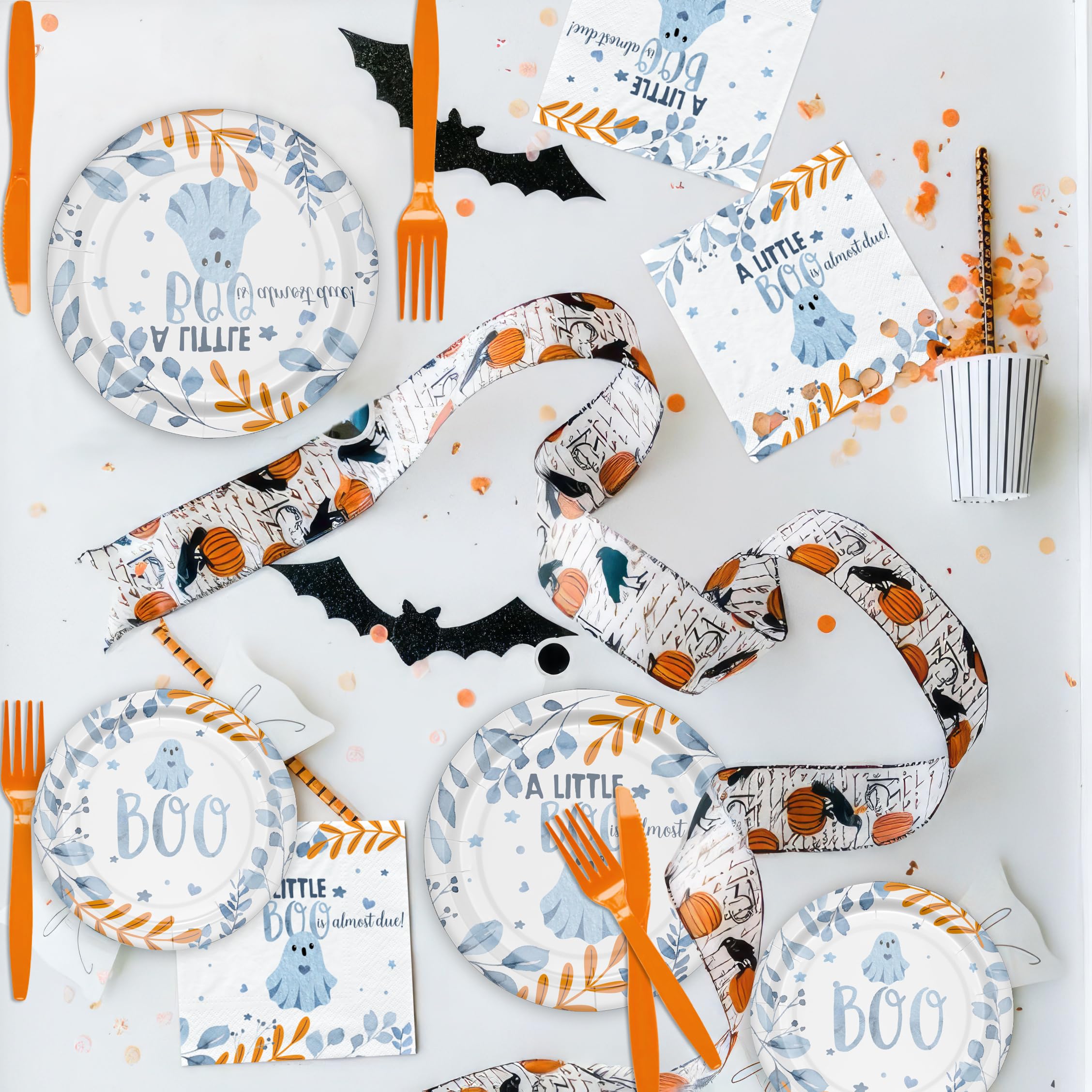 APOWBLS Halloween Baby Shower Decorations Tableware - A Little Boo Is Almost Due Baby Shower Decorations, Plates, Cups, Napkins, Tablecloth, Cutlery, Halloween Baby Shower Party Supplies | Serve 24