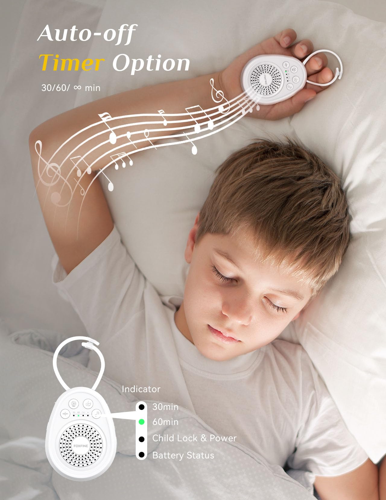 FOXFINE White Noise Machine, Portable Sound Machine with 30 Soothing Sounds, Travel Sound Machine for Sleep with Timer Child Lock, Noise Canceling for Home Office Privacy, Ideal for Baby Kids Adults