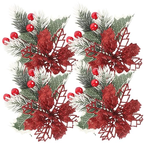 NOLITOY 4pcs Christmas Decor Flower Vases Decorative Clips Artificial Xmas Poinsettia Flowers Christmas Vase Decors Fake Poinsettia Flower Artificial Flower Pine Needles Decorations Metal