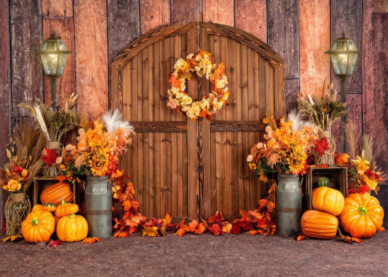 Alltten 7x5ft Fall Thanksgiving Photography Backdrop Autumn Pumpkin Backdrops for Photography Wood Barn Door Backgrounds Thanksgiving Party Supplies Decor Banner F91