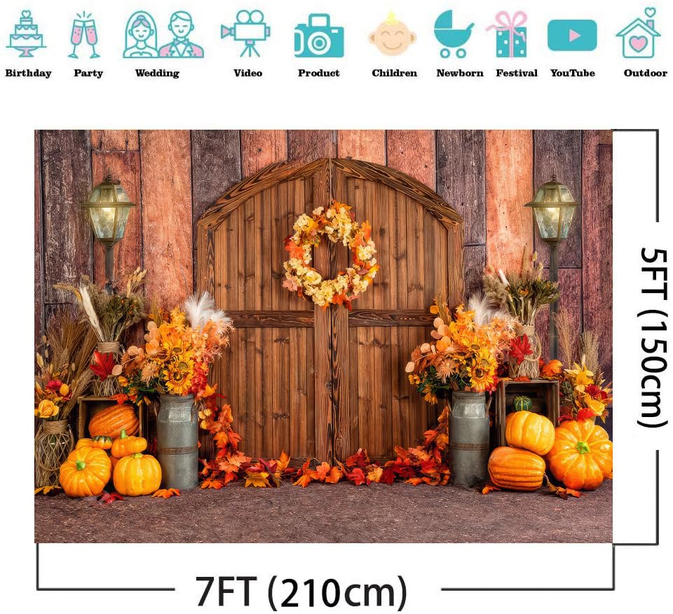 Alltten 7x5ft Fall Thanksgiving Photography Backdrop Autumn Pumpkin Backdrops for Photography Wood Barn Door Backgrounds Thanksgiving Party Supplies Decor Banner F91