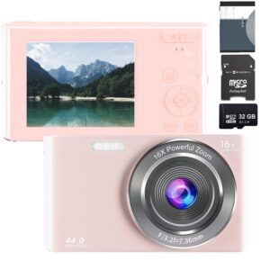 acuvar 44mp compact point and shoot digital camera, 16x digital zoom, 2.4 inch screen & 32gb sd card, vlogging camera for kids teens students boys girls seniors (pink)