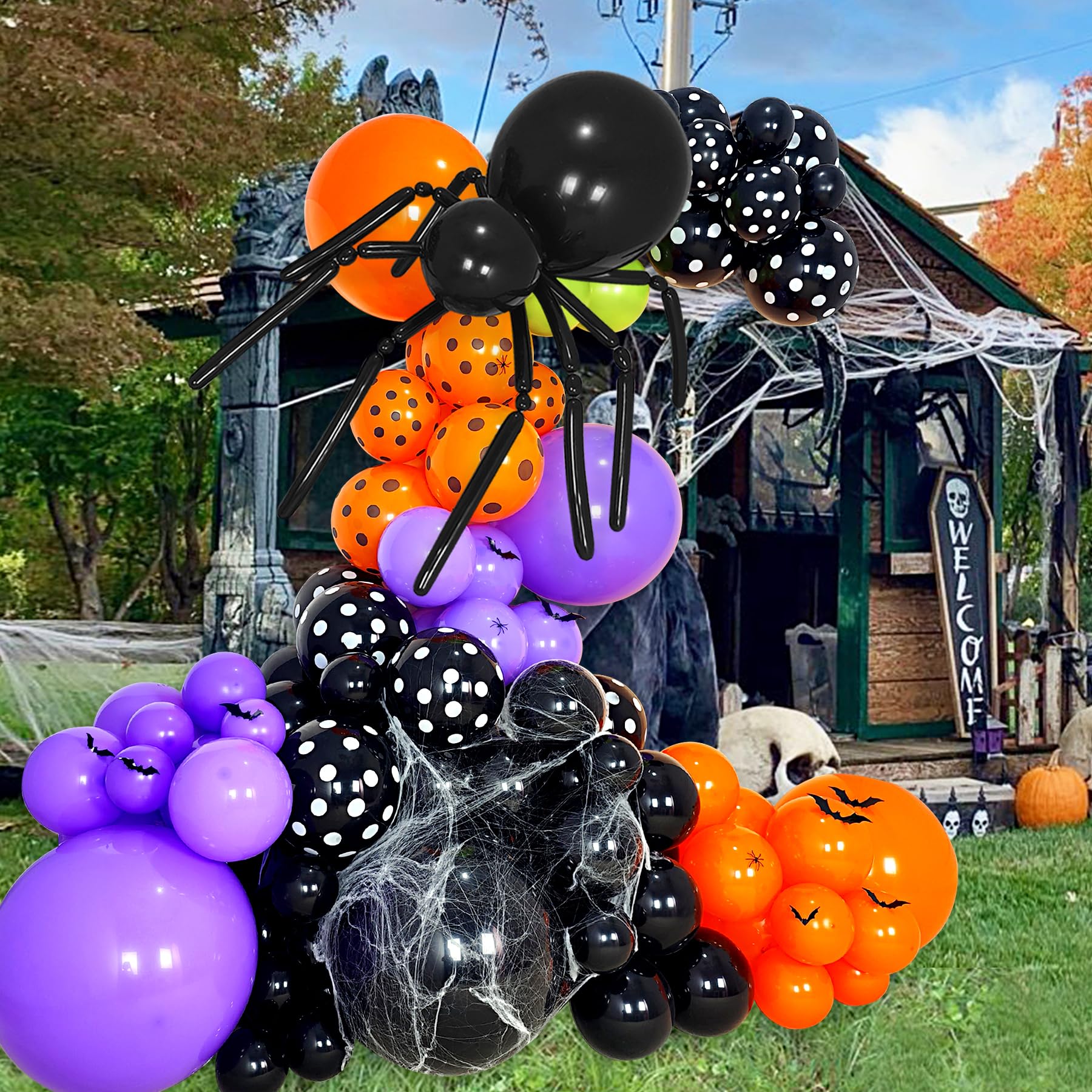 169pcs Halloween Balloon Garland Arch Kit, Halloween Party Decorations Supplies, Large Size Halloween Balloon Garland with Spider Balloon, Halloween Spider Web