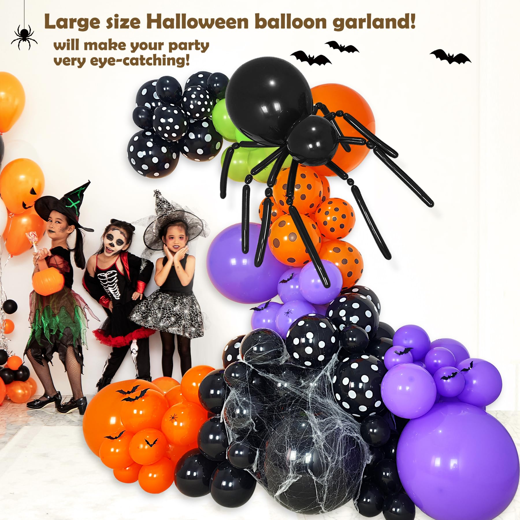 169pcs Halloween Balloon Garland Arch Kit, Halloween Party Decorations Supplies, Large Size Halloween Balloon Garland with Spider Balloon, Halloween Spider Web