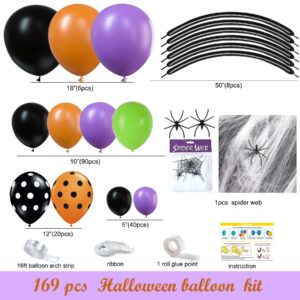 169pcs Halloween Balloon Garland Arch Kit, Halloween Party Decorations Supplies, Large Size Halloween Balloon Garland with Spider Balloon, Halloween Spider Web