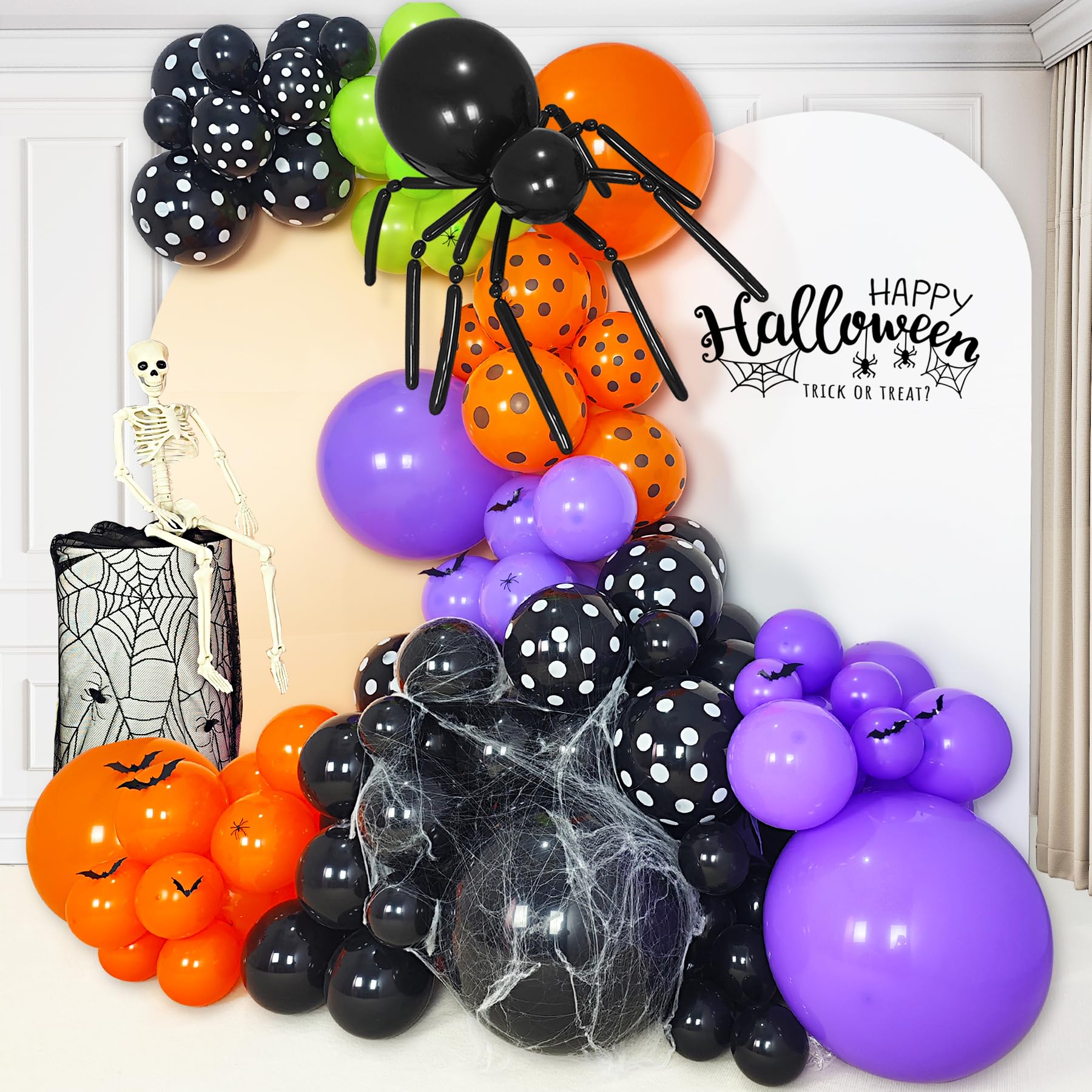 169pcs Halloween Balloon Garland Arch Kit, Halloween Party Decorations Supplies, Large Size Halloween Balloon Garland with Spider Balloon, Halloween Spider Web