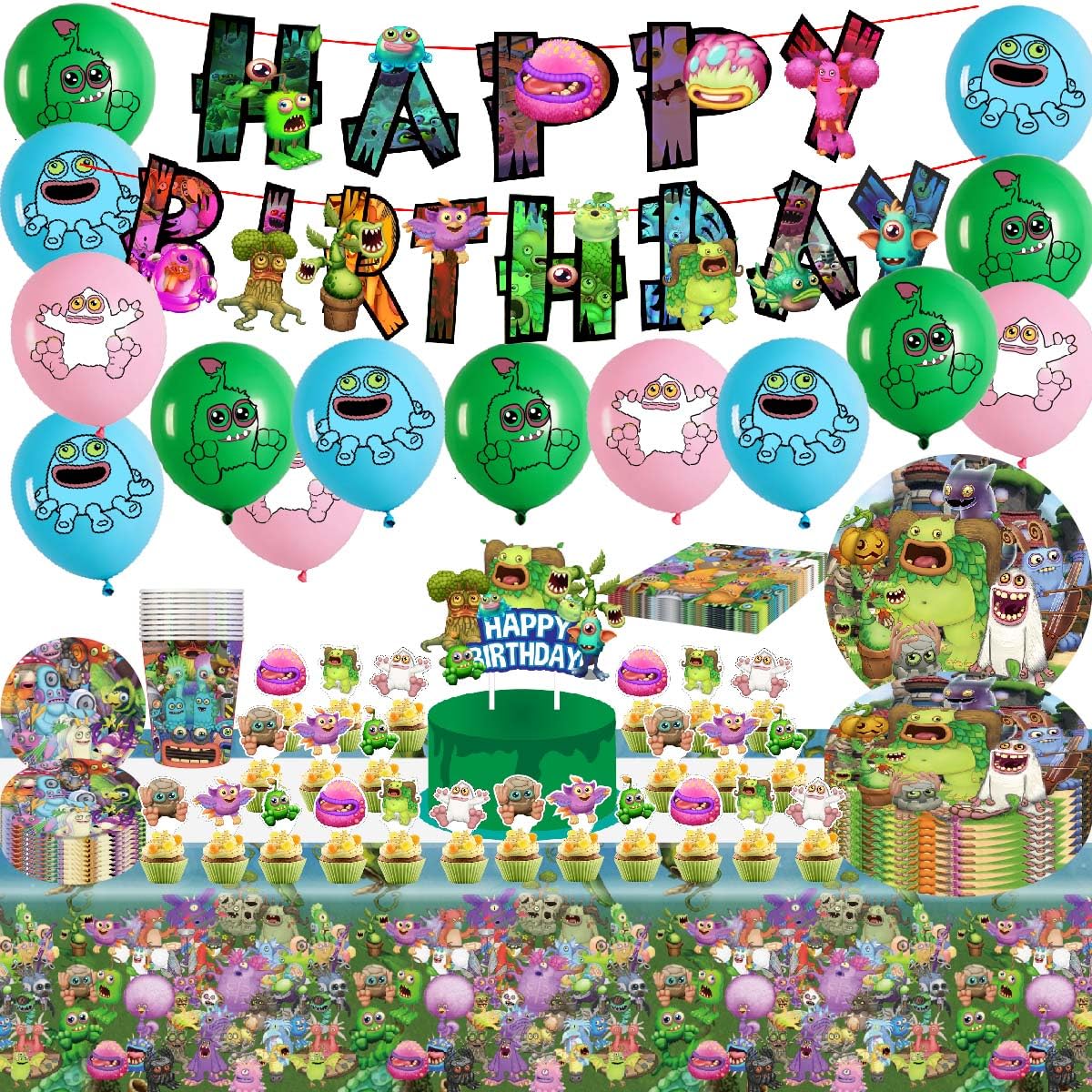 Monster birthday party supplies music moster party decoration for kids birthday party with banner cake topper balloons monster plates and cups