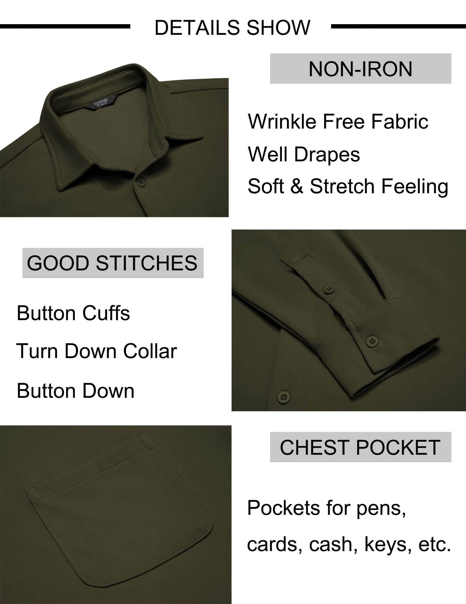 COOFANDY Mens Casual Button Down Shirts Long Sleeve Wrinkle Free Shirt Olive Green