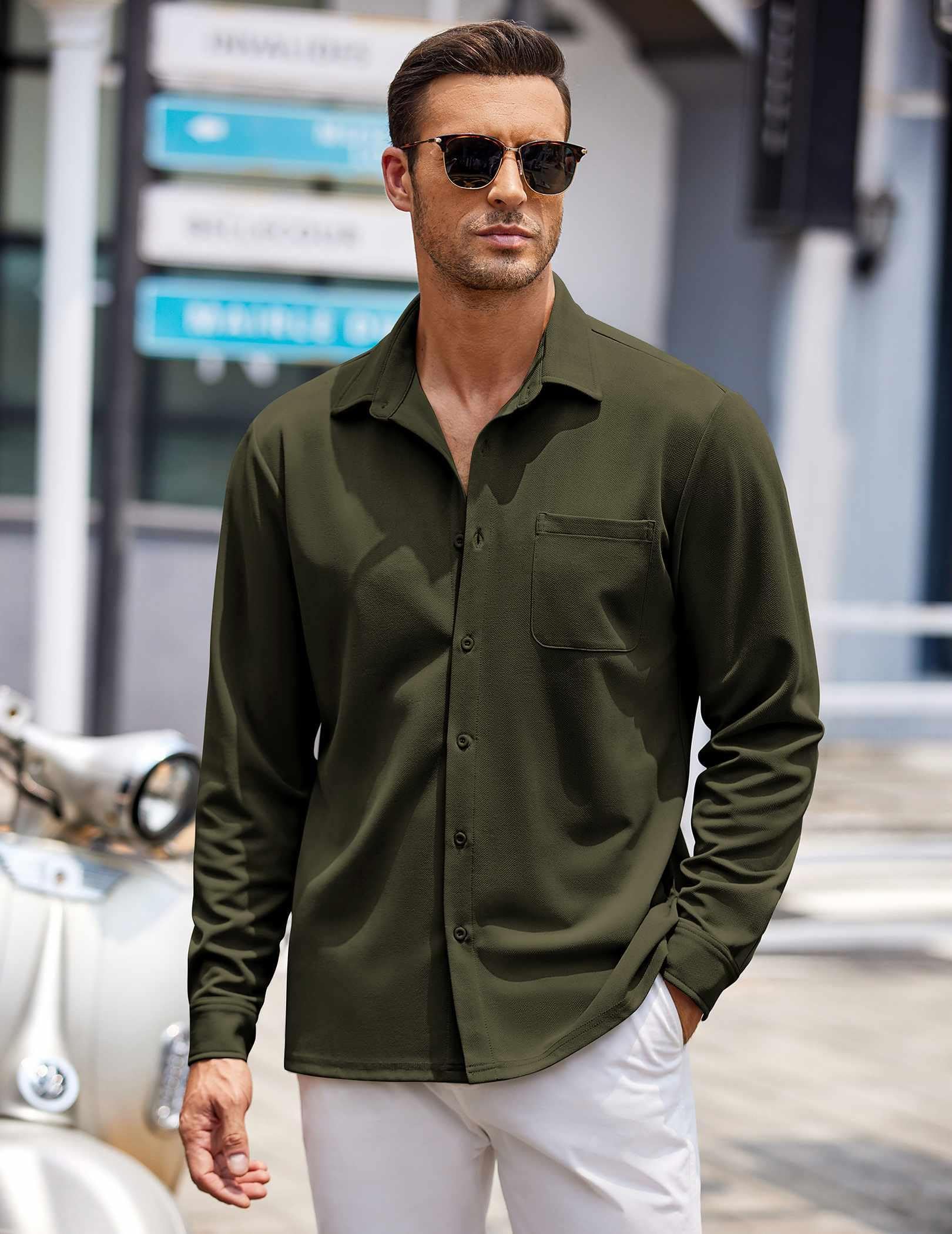 COOFANDY Mens Casual Button Down Shirts Long Sleeve Wrinkle Free Shirt Olive Green