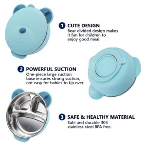 ufengke Stainless Steel Baby Feeding Bowl, Toddler Suction Plate with Lid Spoon and Fork, Perfect for Children (Blue)