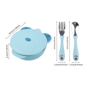 ufengke Stainless Steel Baby Feeding Bowl, Toddler Suction Plate with Lid Spoon and Fork, Perfect for Children (Blue)