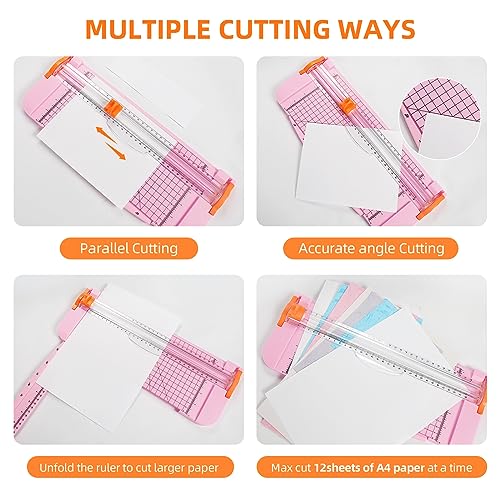 DORALEAF Paper Cutter, Portable Paper Slicer, Paper Trimmer Scrapbooking Tool with Automatic Safety Protection Side Ruler for Craft Paper (12 Inch, Pink)