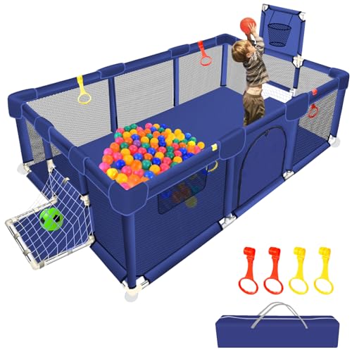 Large Playpen for Babies and Toddlers, Ball Pits for Toddlers, Baby Gate Play Pen Kids Ball Pit, Sturdy Play Yard W/Basketball Hoop Soccer Net, Children's Fence Play Area, Infant Safety Gates (Blue)