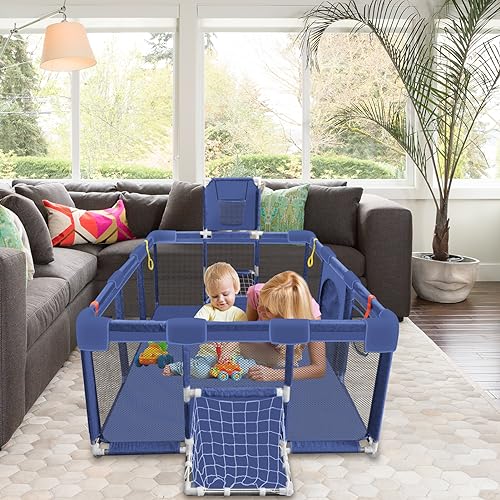 Large Playpen for Babies and Toddlers, Ball Pits for Toddlers, Baby Gate Play Pen Kids Ball Pit, Sturdy Play Yard W/Basketball Hoop Soccer Net, Children's Fence Play Area, Infant Safety Gates (Blue)