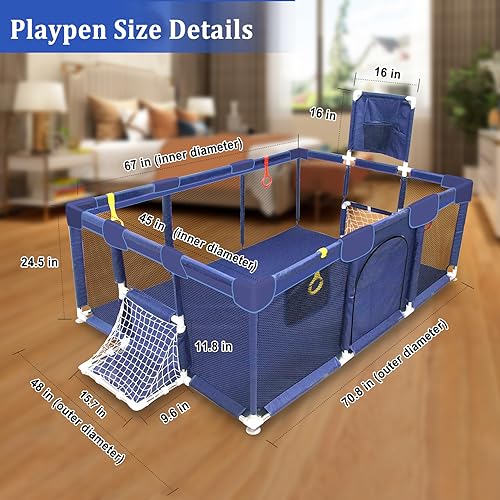 Large Playpen for Babies and Toddlers, Ball Pits for Toddlers, Baby Gate Play Pen Kids Ball Pit, Sturdy Play Yard W/Basketball Hoop Soccer Net, Children's Fence Play Area, Infant Safety Gates (Blue)