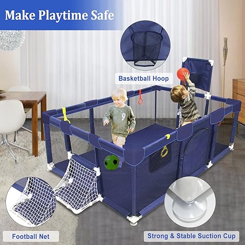 Large Playpen for Babies and Toddlers, Ball Pits for Toddlers, Baby Gate Play Pen Kids Ball Pit, Sturdy Play Yard W/Basketball Hoop Soccer Net, Children's Fence Play Area, Infant Safety Gates (Blue)