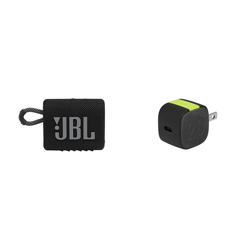 JBL Go 3: Portable Speaker with Bluetooth, Built-in Battery, Waterproof and Dustproof Feature - Black and InfinityLab InstantCharger 20W 1 USB Compact USB-C PD Charger (Black)