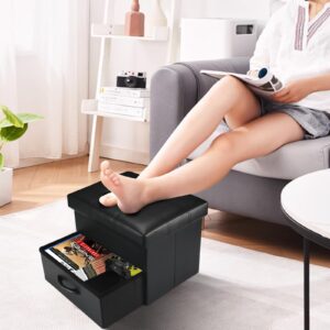 Bsketa Storage Ottoman with Drawers, Folding Foot Stool with Thicker Foam Padded Seat Small Leather Storage Ottoman Bench Foot Rest for Living Room Foldable Coffee Table 17x13x13in,Black