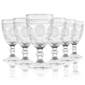 wongblee vintage glass goblets 11.8 oz, stemmed wine glasses, embossed drinking glasses for wine, water, juice, beverage, set of 6 (style-b)