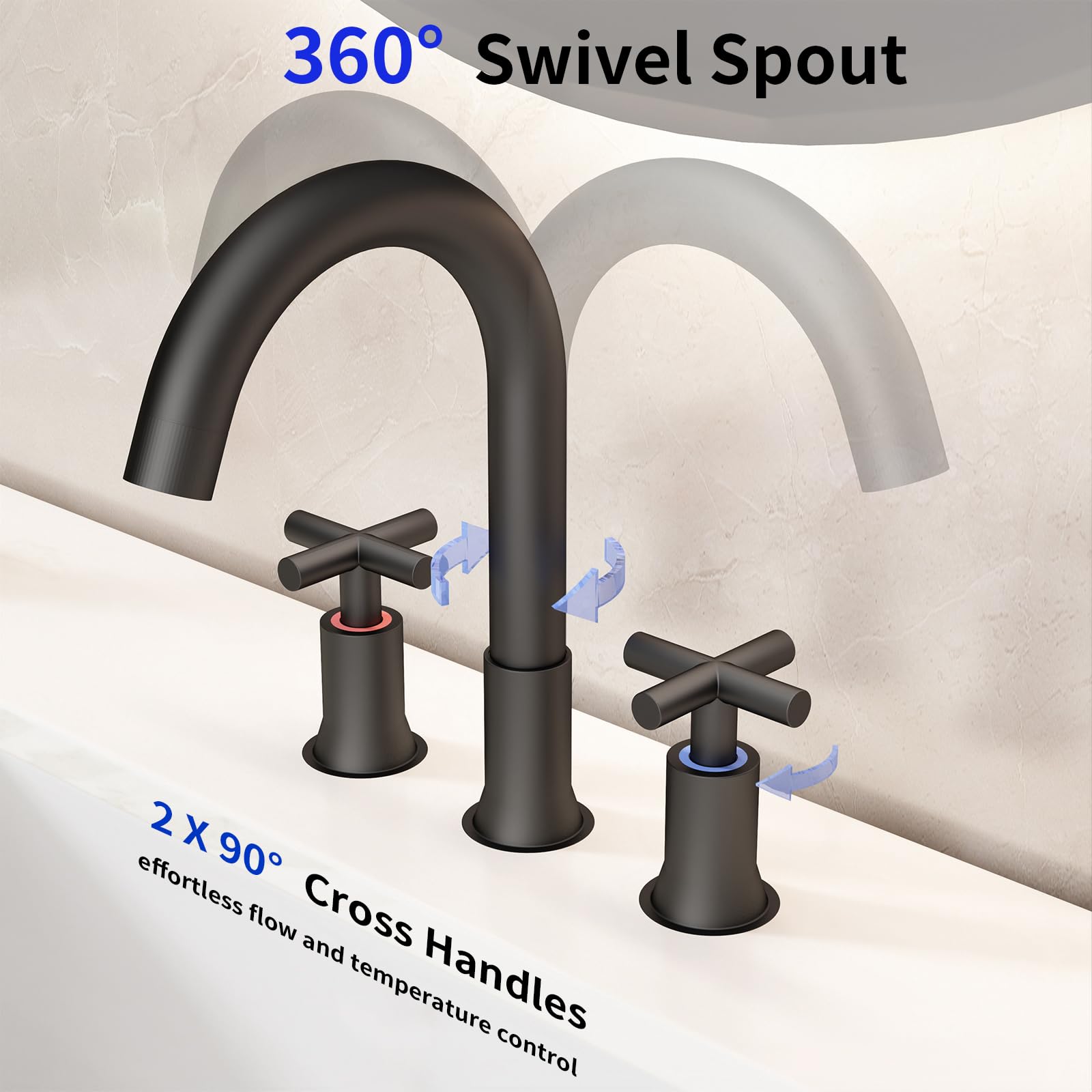 Widespread Bathroom Faucets for Sink 3 Hole Matte Black,Bathroom Sink Faucet with 360° Swivel Spout 8 Inch Bathroom Faucet for Bathroom Sink