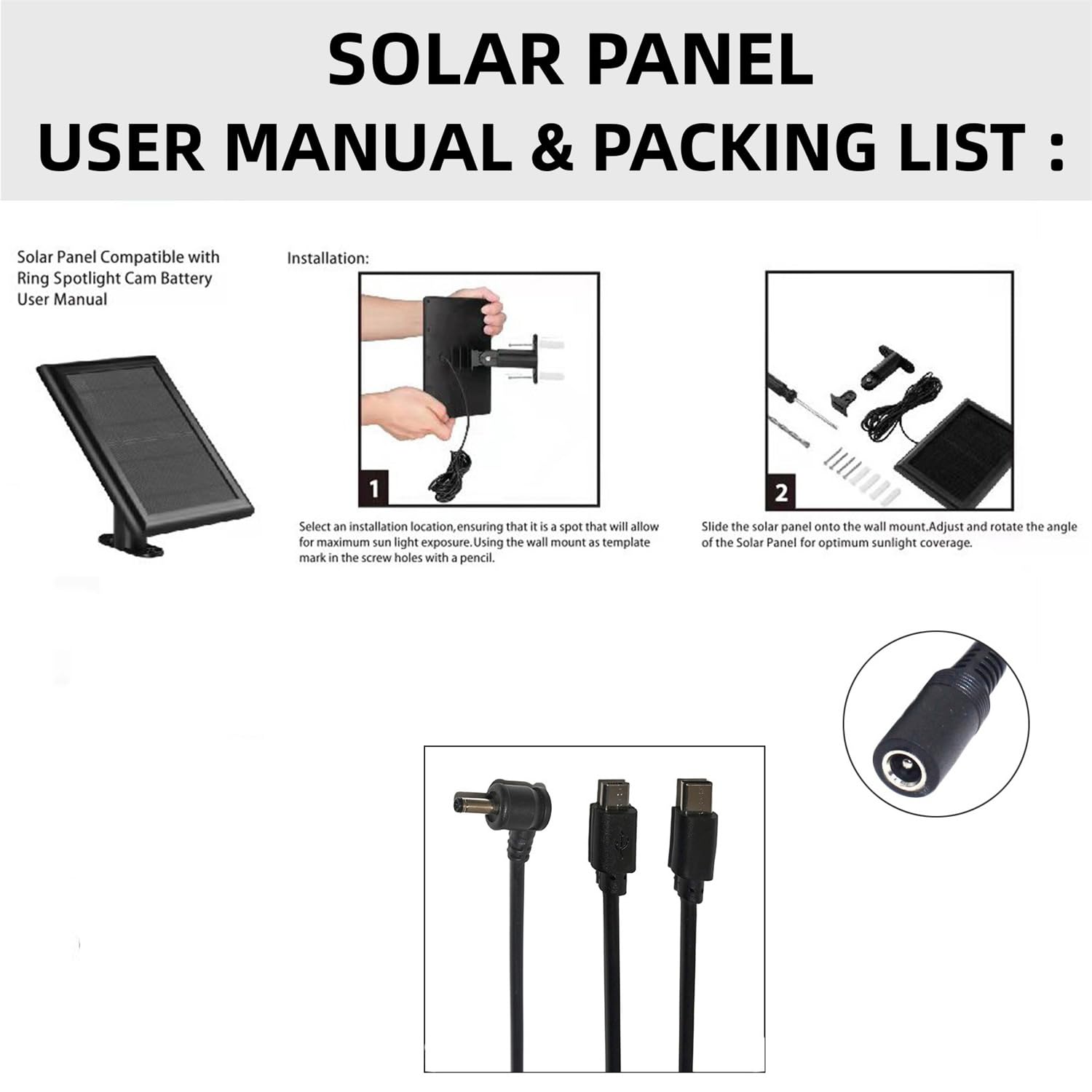 Black Solar Panel for Ring Camera Battery,3W Solar Powered Charger with Micro USB/USB c / 3. 5mm Jack Port,2 Pack Camera Solar Panel Compitiable with Ring Spotlight Cam & Stick Up Outdoor Cam Battery