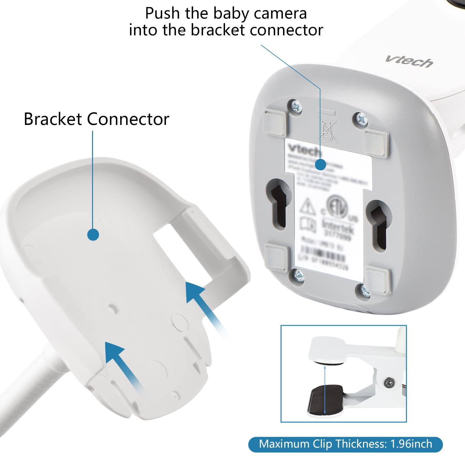 Baby Monitor Holder Compatible with VTech VM819, Flexible Baby Monitor Mount, Crib Clip Mount Without Tools or Wall Damage - White