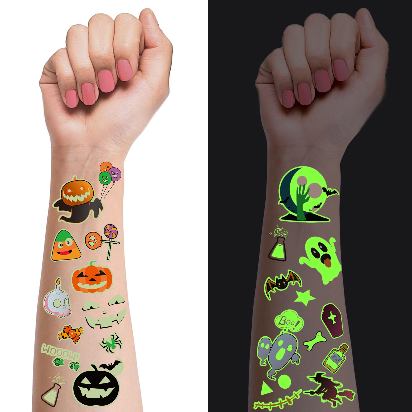 124 Pcs Glow Temporary Tattoos for Kids Non-Repeating, Glow in dark Style Fake Tattoos Stickers for Boys and Girls, Birthday Decorations Luminous Party Supplies Rewards Gifts for Children