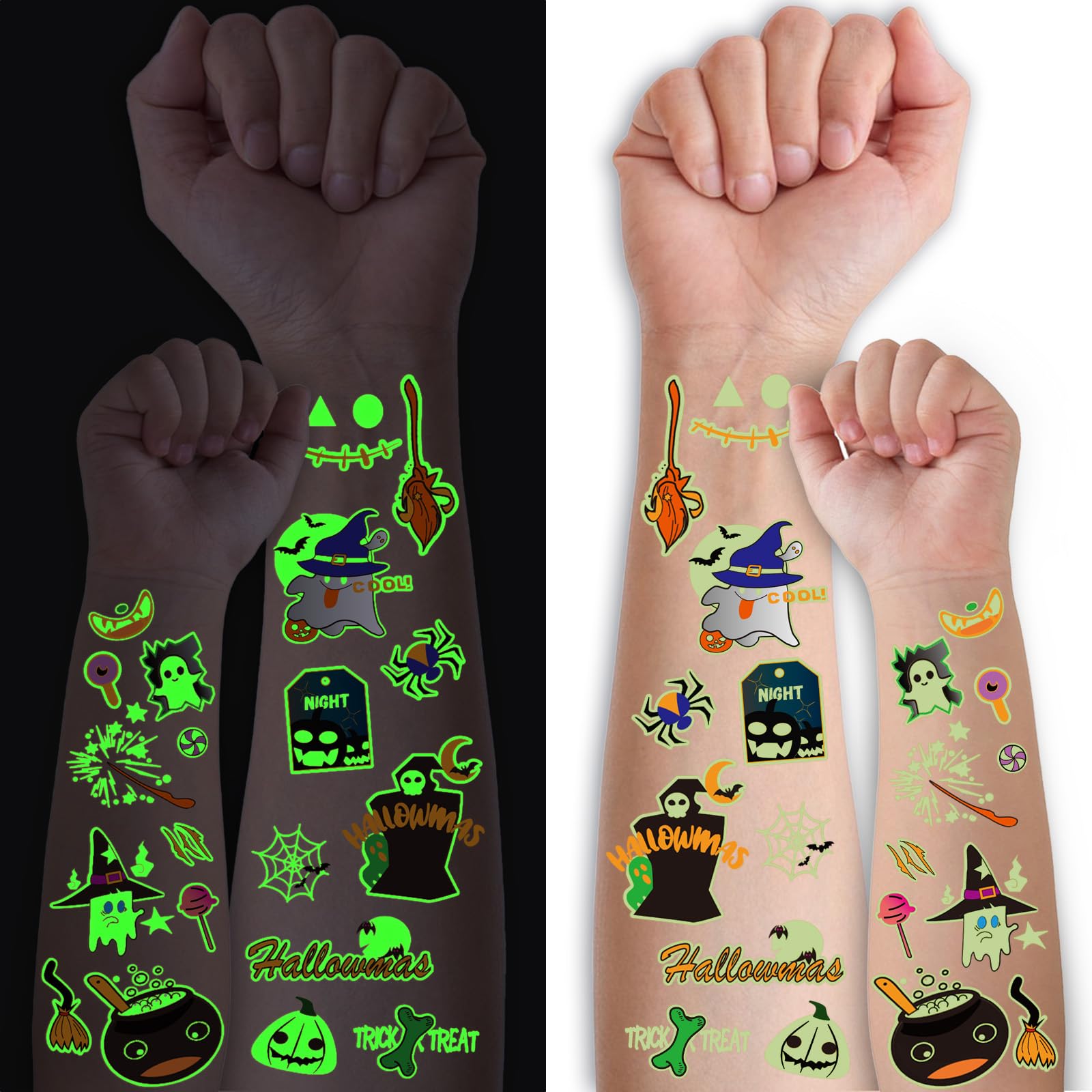 124 Pcs Glow Temporary Tattoos for Kids Non-Repeating, Glow in dark Style Fake Tattoos Stickers for Boys and Girls, Birthday Decorations Luminous Party Supplies Rewards Gifts for Children