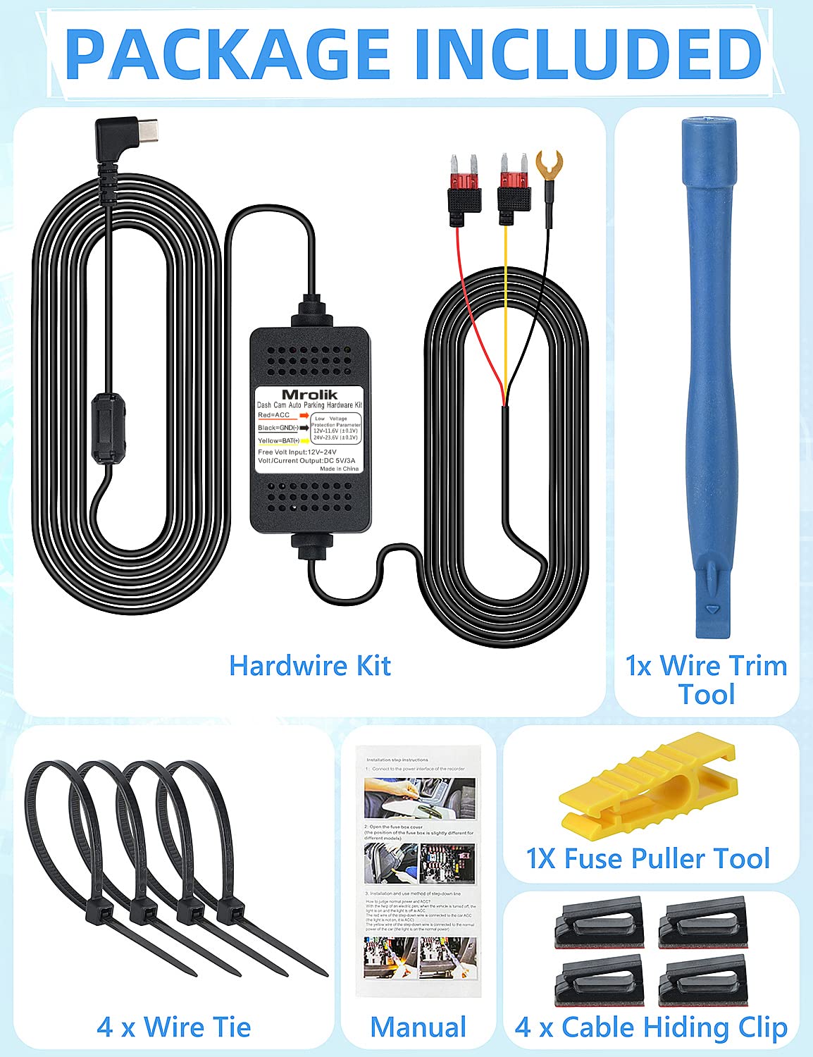 S10 Dash Cam Front and Rear WiFi 4K and Hardwire kit Cable for 24H Recording