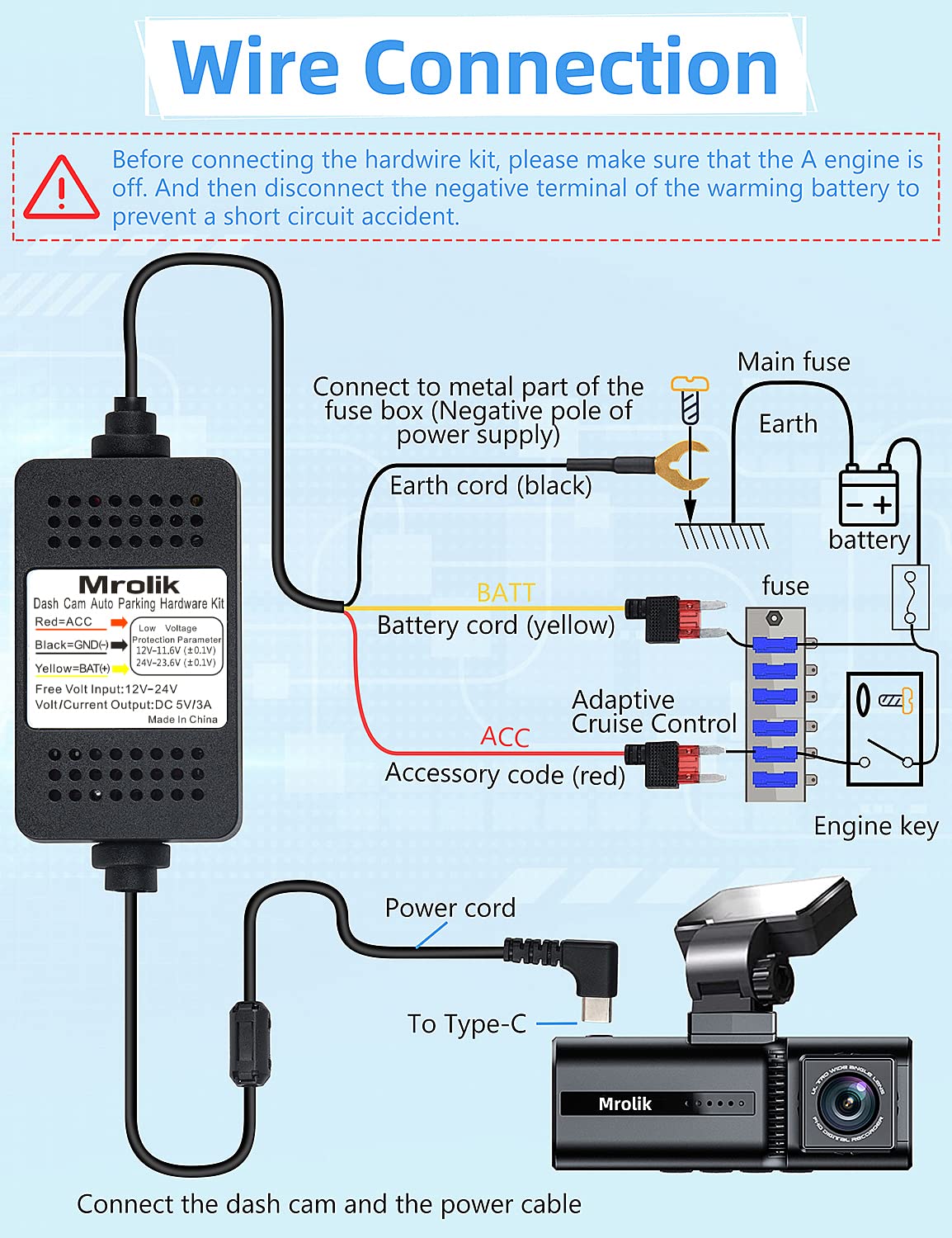 S10 Dash Cam Front and Rear WiFi 4K and Hardwire kit Cable for 24H Recording