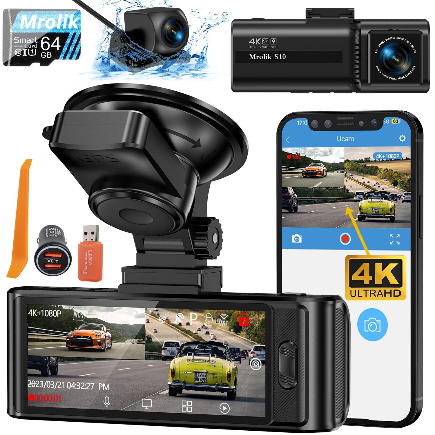 S10 Dash Cam Front and Rear WiFi 4K and Hardwire kit Cable for 24H Recording