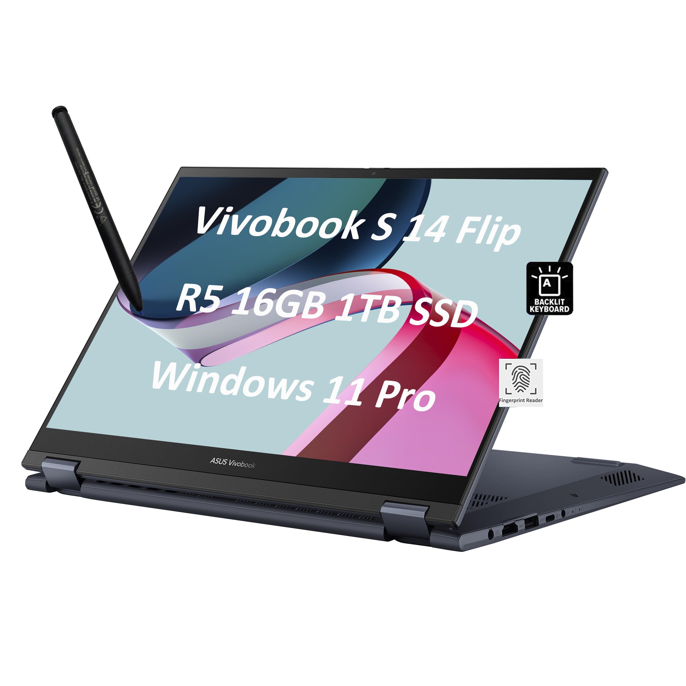 ASUS Vivobook S 14 Flip 2-in-1 Business Laptop (14" FHD+ 16:10 Touchscreen, 16GB RAM, 1TB SSD, AMD 6-Core Ryzen 5 5600H (> i7-1165G7), Active Pen), Backlit, FP, FHD Webcam, Win 11 Pro, Quiet Blue