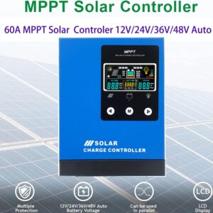 60A MPPT Solar Charge Controller 12V/24V/36V/48V Auto,Solar Charger Regulator Intelligent Regulator Support Wide Range of Batteries