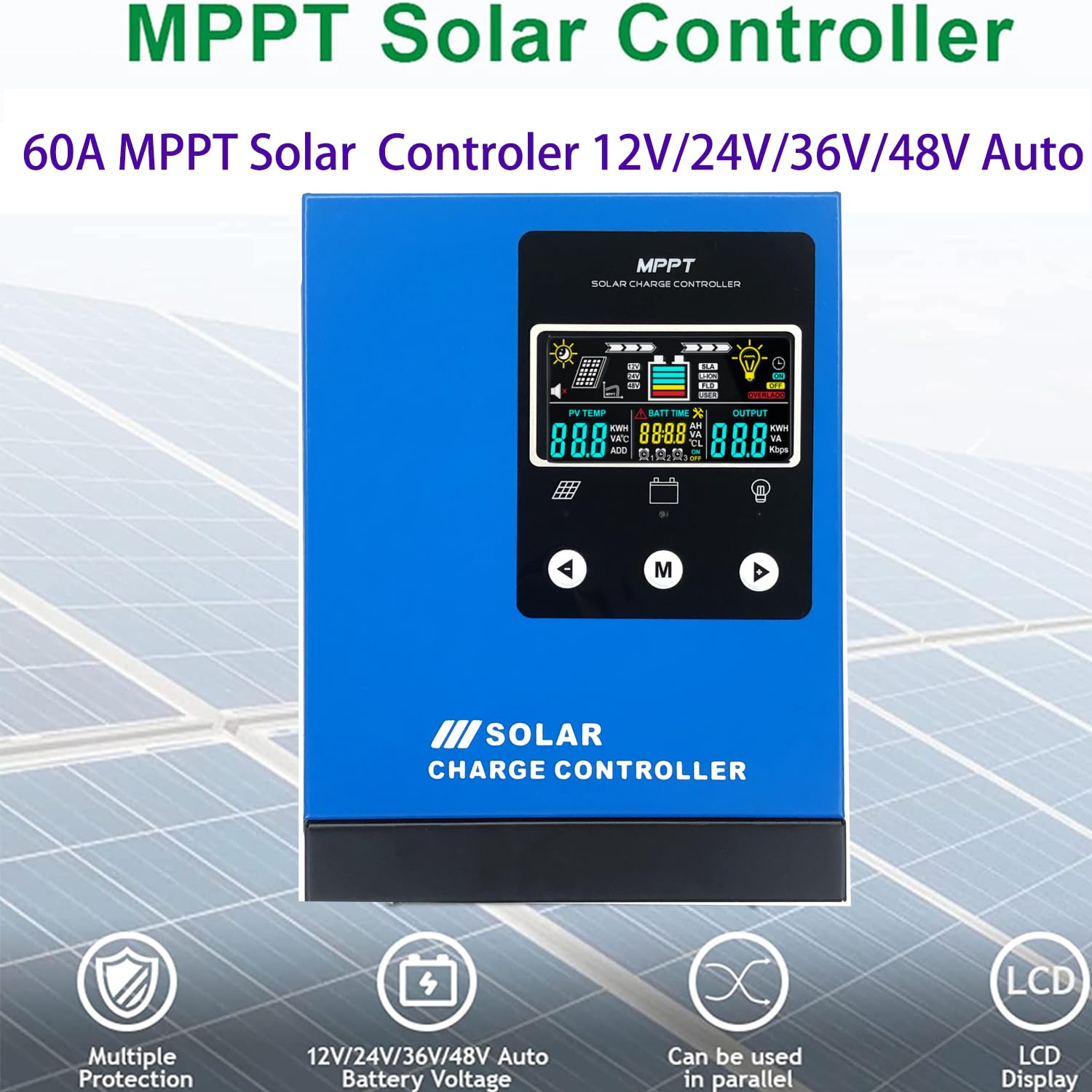 60A MPPT Solar Charge Controller 12V/24V/36V/48V Auto,Solar Charger Regulator Intelligent Regulator Support Wide Range of Batteries