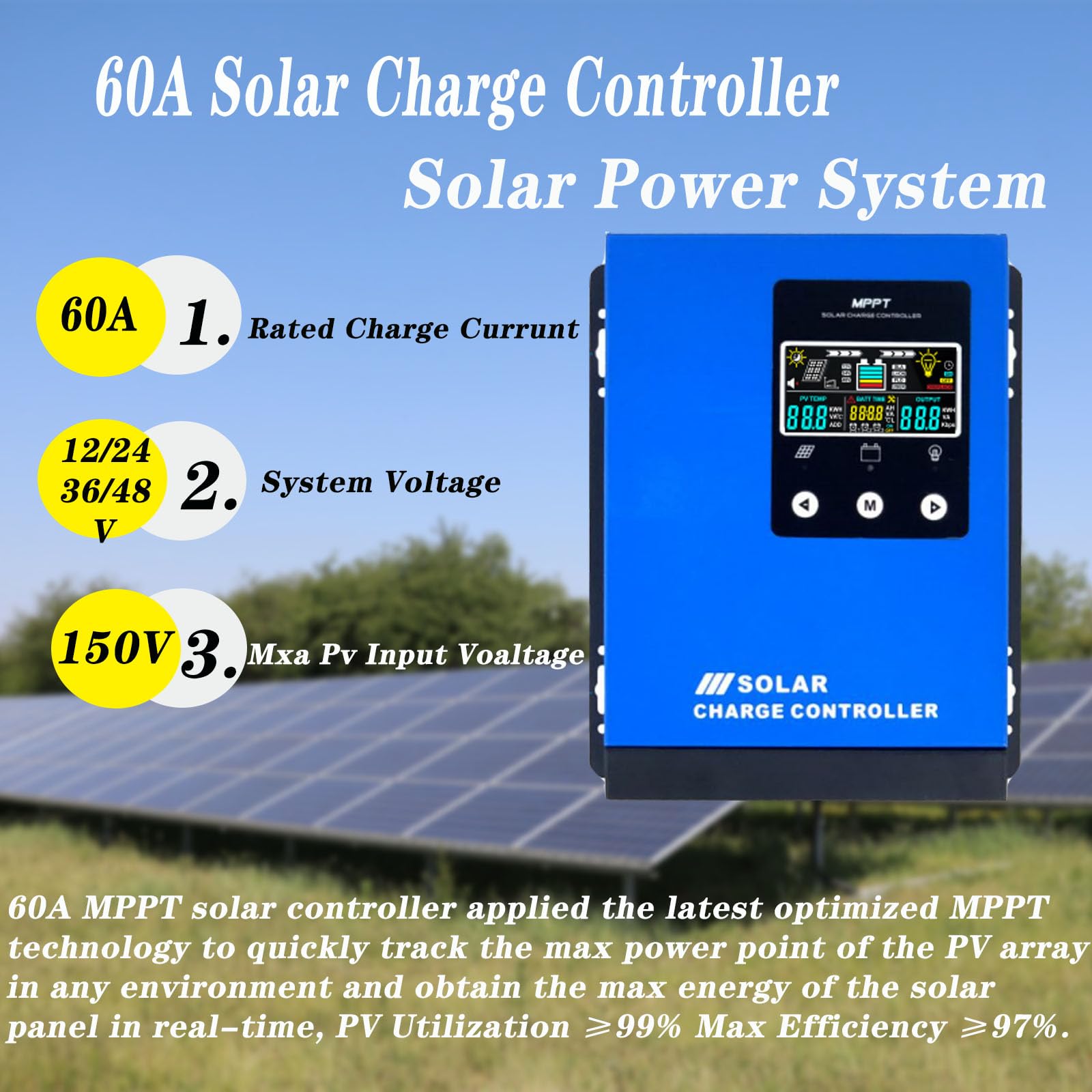 60A MPPT Solar Charge Controller 12V/24V/36V/48V Auto,Solar Charger Regulator Intelligent Regulator Support Wide Range of Batteries