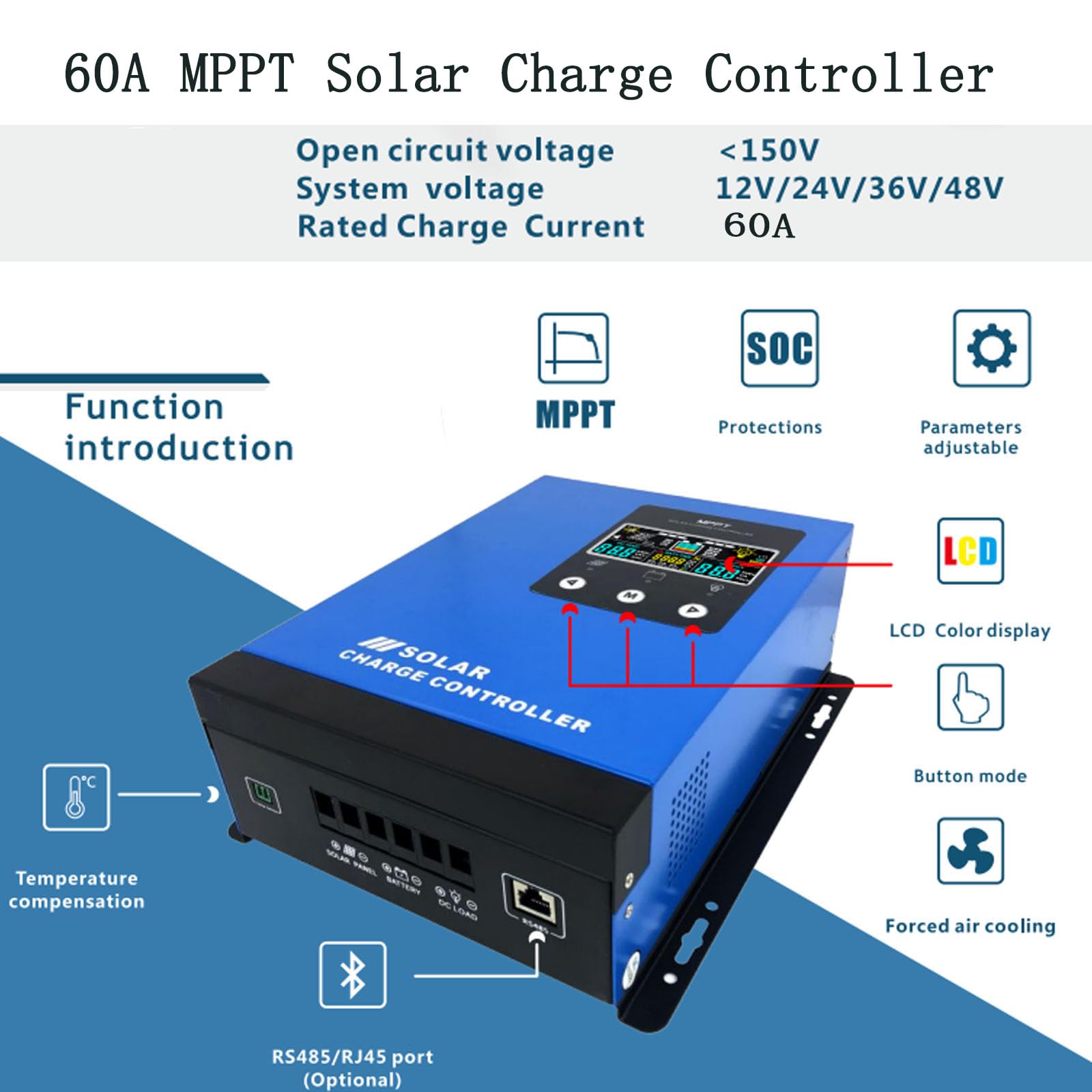 60A MPPT Solar Charge Controller 12V/24V/36V/48V Auto,Solar Charger Regulator Intelligent Regulator Support Wide Range of Batteries