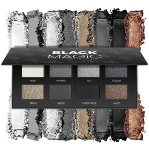 hoomuss black smoky eye shadow palette 8color, dark grey smokey eyeshadow for goth makeup, black silver white gray shade for halloween, pigmented & long lasting (black)