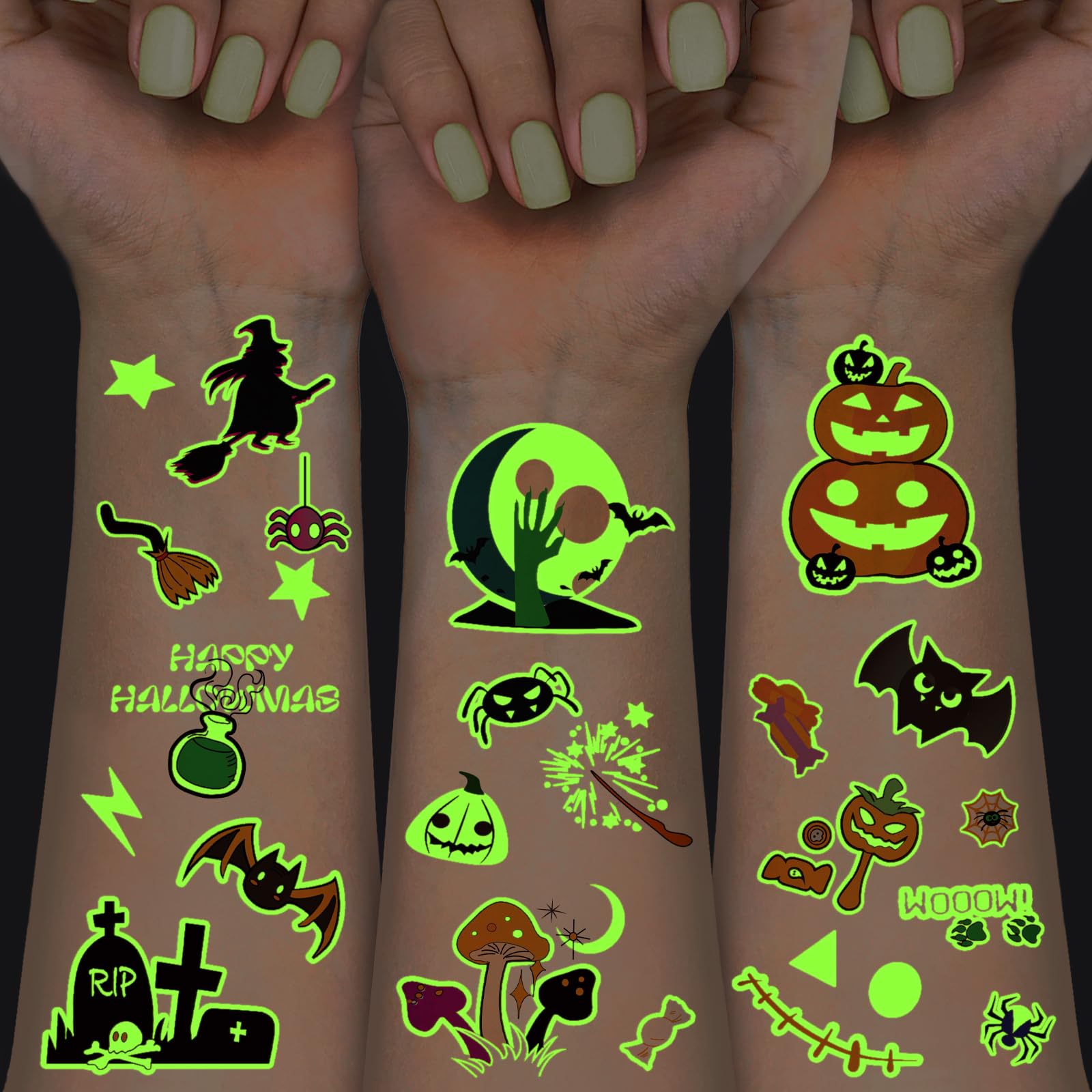 124 Pcs Halloween Temporary Tattoos Glow In Dark For Kids, Waterproof Glowing Luminous Fake Tattoo Stickers for Halloween Party, Jack-O-Lantern, Witch, Ghost Realistic Tattoo Sticker For Boy And Girls