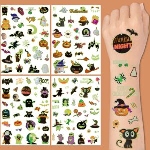 124 Pcs Halloween Temporary Tattoos Glow In Dark For Kids, Waterproof Glowing Luminous Fake Tattoo Stickers for Halloween Party, Jack-O-Lantern, Witch, Ghost Realistic Tattoo Sticker For Boy And Girls