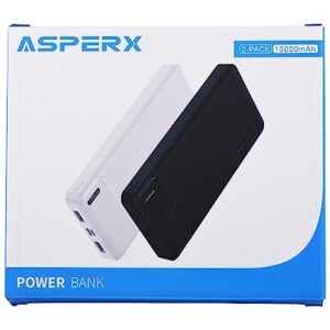 AsperX, Power Bank, 15000mAh, 2-Pack, Rechargeable Battery Pack for Heated Vest, Jackets, USB-C Out and in, Dual USB A, External Battery Pack for iPhone, Samsung, Android, and More