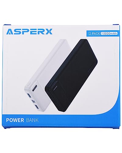 AsperX, Power Bank, 15000mAh, 2-Pack, Rechargeable Battery Pack for Heated Vest, Jackets, USB-C Out and in, Dual USB A, External Battery Pack for iPhone, Samsung, Android, and More