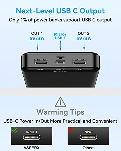 AsperX, Power Bank, 15000mAh, 2-Pack, Rechargeable Battery Pack for Heated Vest, Jackets, USB-C Out and in, Dual USB A, External Battery Pack for iPhone, Samsung, Android, and More