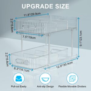 Fowooyeen 2 Pack Bathroom Cabinet Organizer, 2 Tier Pull Out Clear Under Sink Organizers and Storage, Multi-Purpose Kitchen Pantry Medicine Organization and Storage Shelves Bins with Movable Dividers