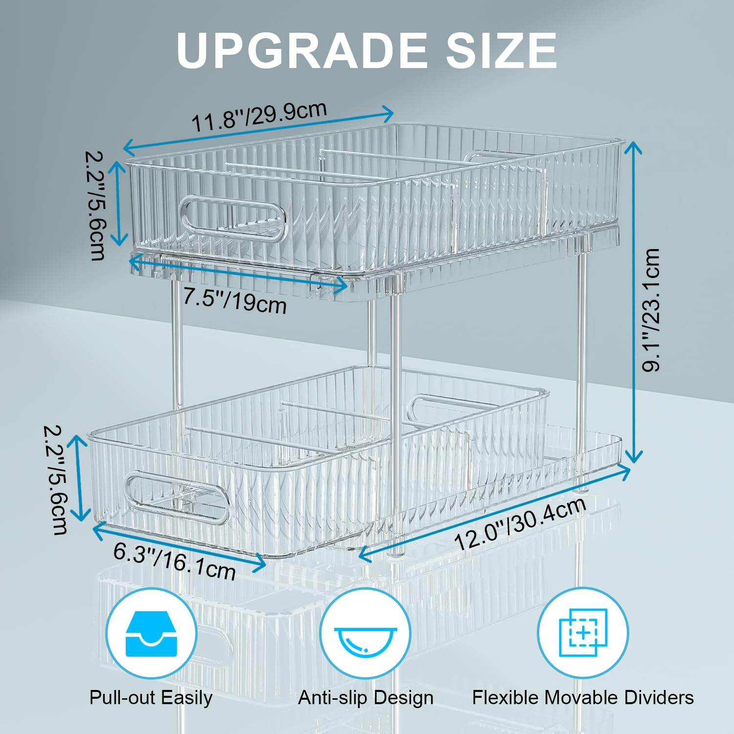 Fowooyeen 2 Pack Bathroom Cabinet Organizer, 2 Tier Pull Out Clear Under Sink Organizers and Storage, Multi-Purpose Kitchen Pantry Medicine Organization and Storage Shelves Bins with Movable Dividers