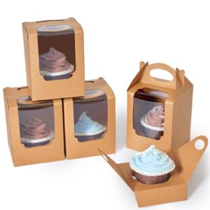 shallive cupcake boxes 50pcs, individual cupcake containers brown with window insert and handle, pastry box single muffins holder disposable for bakery wrapping party favor packaging